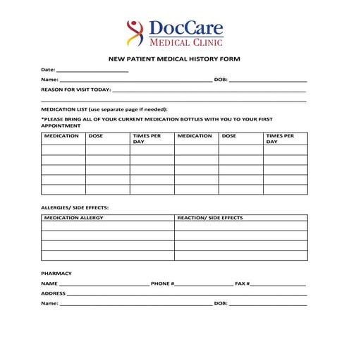 Patient history form - Doccare Medical Clinic | PDF | Pharmaceutical ...