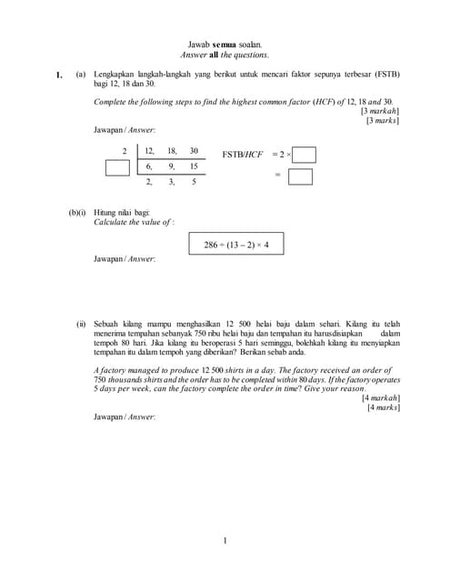 Soalan peperiksaan pertengahan tahun matematik tingkatan 1 | PDF