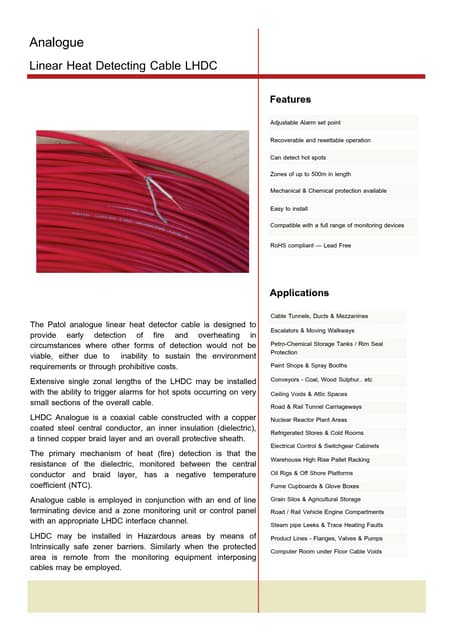 Patol Industrial Fire Detection Lhdc Digital Linear Heat Detecting Cable Spec Sheet Pdf