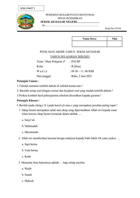 Soal uas pai kelas 2 sd semester 2 dan kunci jawabaan(1) | PDF