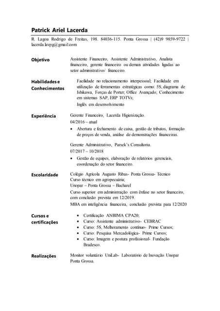 Patrick Ariel Lacerda, Analista de logística at Masa distribuidora