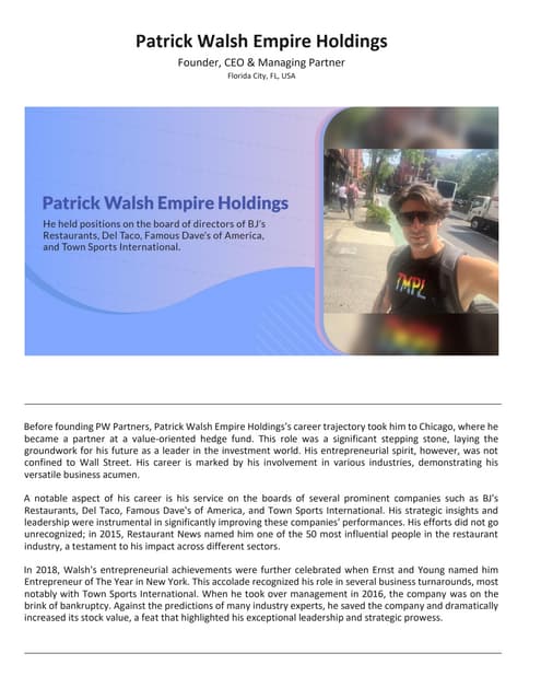 Patrick Walsh Empire Holdings presentations