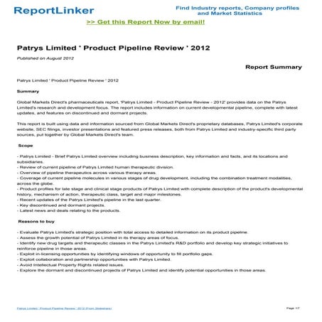 Patrys Limited ' Product Pipeline Review ' 2012 | PDF | Pharmaceutical ...