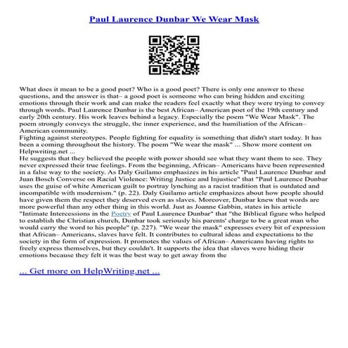 Paul Laurence Dunbar We Wear Mask | PDF
