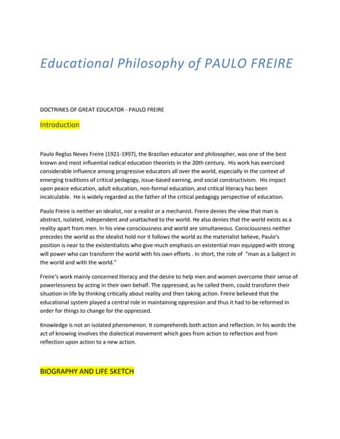 Educational philosophy of paulo freire | PDF
