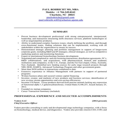 Resume Paul Rohricht MS, MBA | PDF