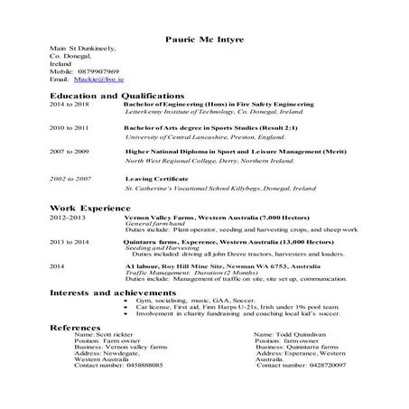 Pauric mc intyre cv document | PDF