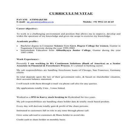 Pav resume | DOC | Business | Business and Finance