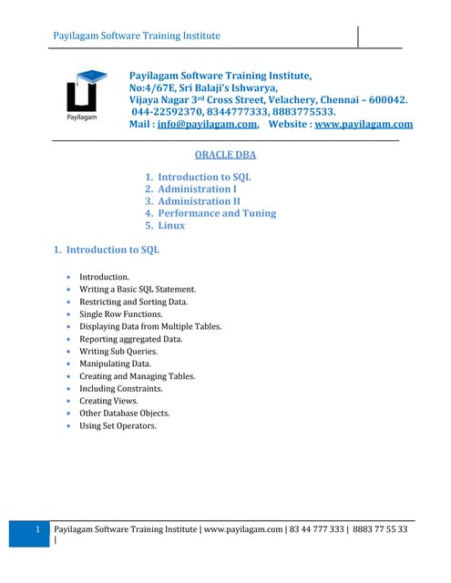 Payilagam Oracle Dba Training Syllabus Pdf Databases Computer
