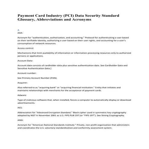 Payment Card Industry (PCI) Data Security Standard Glossary ...