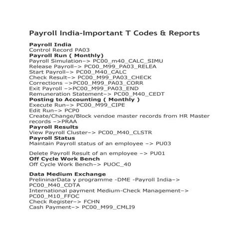 Payroll india tables and tcodes | DOCX