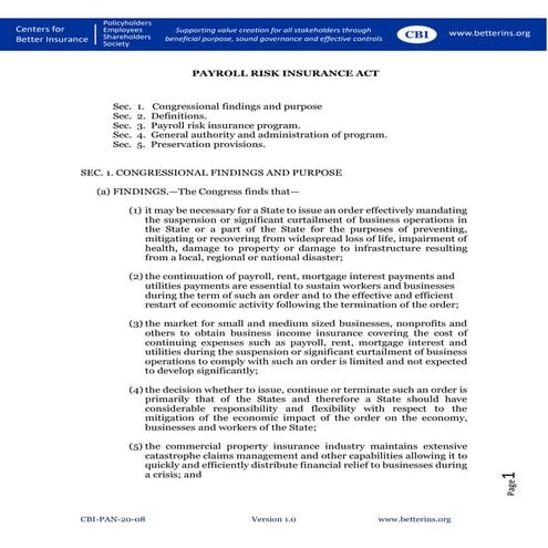 Payroll Risk Insurance Act - Proposed Statutory Text | PDF