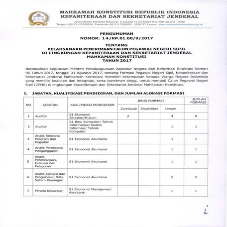 Pengumuman Seleksi Cpns Mahkamah Konstitusi Mk Ta 2017 Pdf 