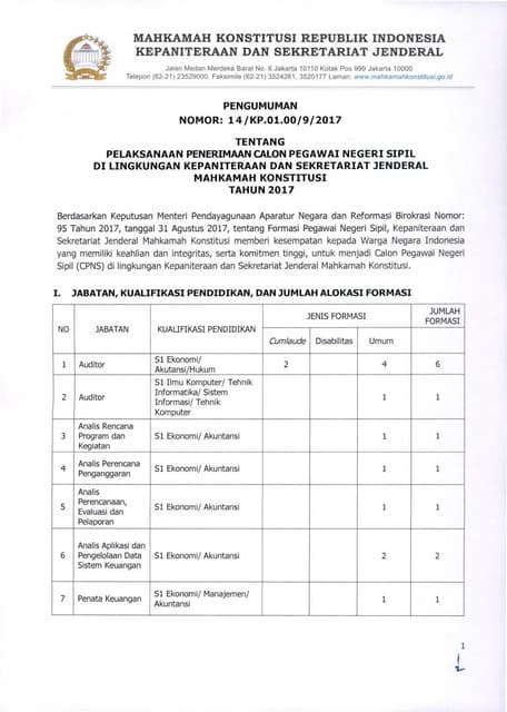 Pengumuman Seleksi Cpns Mahkamah Konstitusi Mk Ta 2017 Pdf