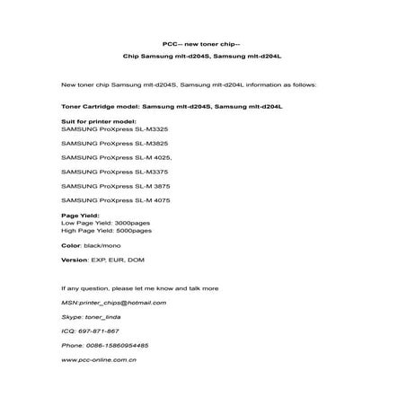 new toner chip samsung mlt-d204 s, samsung mlt-d204l | PDF