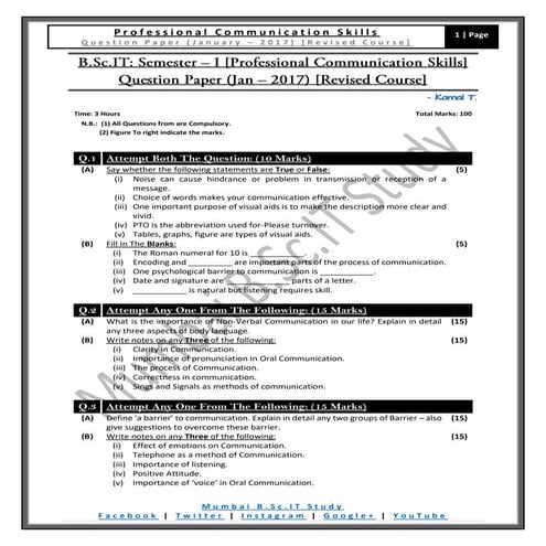 [Question Paper] Professional Communication Skills (Revised Course) [January / 2017] | PDF ...