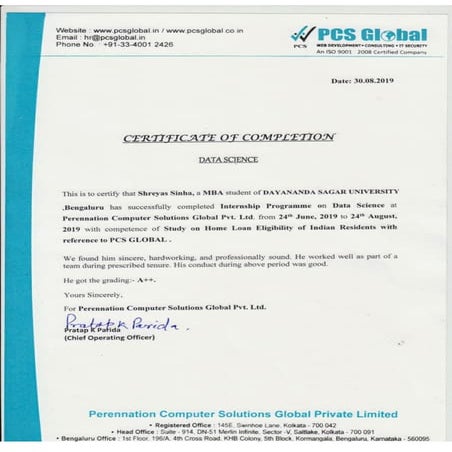 PCS Global Internship Completion Certificate | PDF