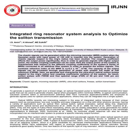 Integrated ring resonator system analysis to Optimize the soliton ...