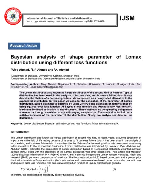 Bayesian Analysis Of Shape Parameter Of Lomax Distribution Using Different Loss Functions Pdf
