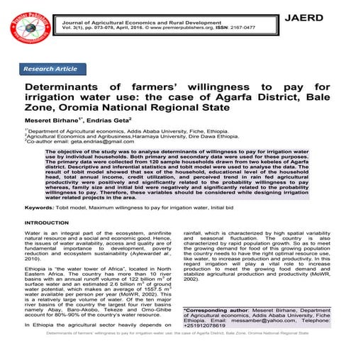 Determinants of farmers’ willingness to pay for irrigation water use: the case of Agarfa ...