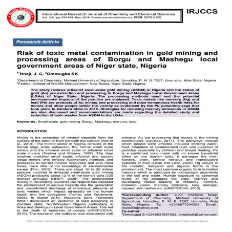 Risk of toxic metal contamination in gold mining and processing areas ...