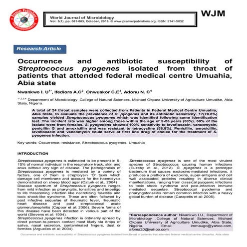 Occurrence and antibiotic susceptibility of Streptococcus pyogenes ...