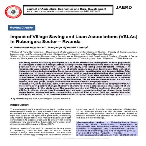Impact of Village Saving and Loan Associations (VSLAs) in Rubengera ...