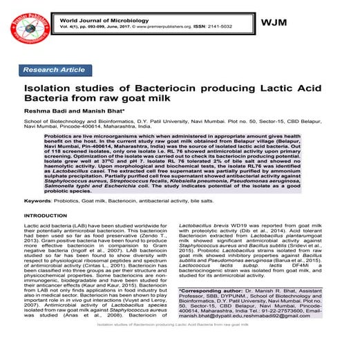Isolation studies of Bacteriocin producing Lactic Acid Bacteria from raw goat milk | PDF