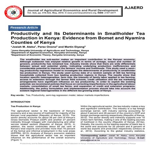 Productivity and Its Determinants in Smallholder Tea Production in ...