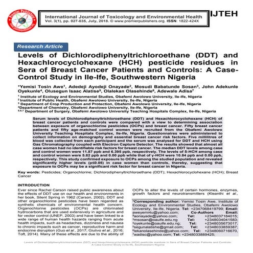 Levels of Dichlorodiphenyltrichloroethane (DDT) and ...