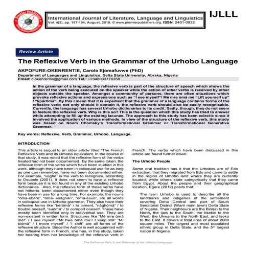 The Reflexive Verb in the Grammar of the Urhobo Language | PDF