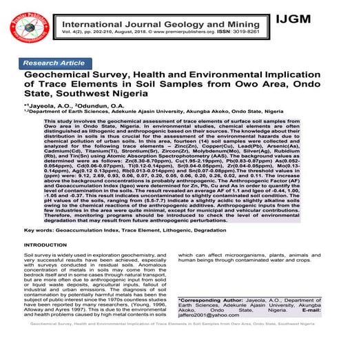 Geochemical Survey, Health and Environmental Implication of Trace ...