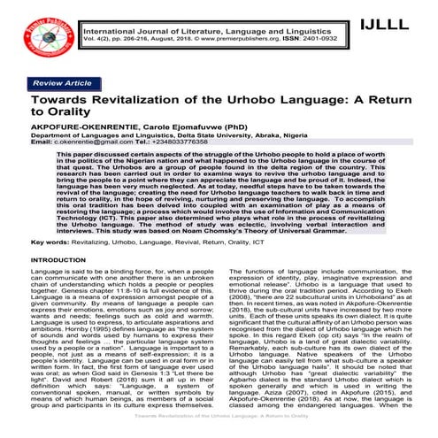 Towards Revitalization of the Urhobo Language: A Return to Orality | PDF