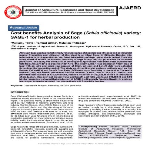 Cost benefits Analysis of Sage (Salvia officinalis) variety: SAGE-1 for ...
