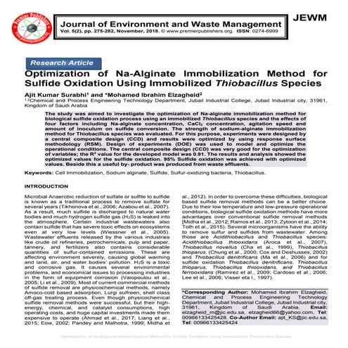 Optimization of Na-Alginate Immobilization Method for Sulfide Oxidation Using Immobilized ...