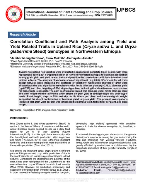 Correlation Coefficient And Path Analysis Among Yield And Yield Related Traits In Upland Rice