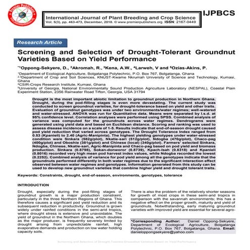 Screening and Selection of Drought-Tolerant Groundnut Varieties Based on Yield Performance | PDF