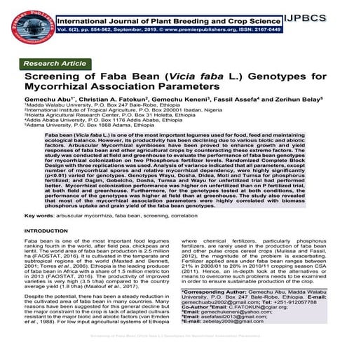 Screening of Faba Bean (Vicia faba L.) Genotypes for Mycorrhizal Association Parameters | PDF