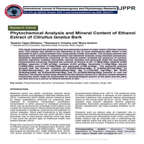 Phytochemical Analysis and Mineral Content of Ethanol Extract of Citrullus lanatus Bark | PDF