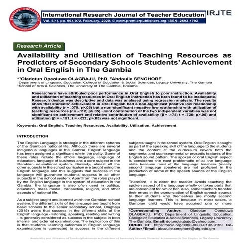Availability and Utilisation of Teaching Resources as Predictors of Secondary Schools Students ...