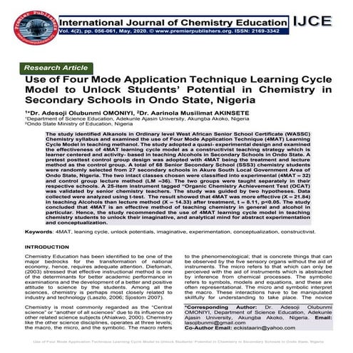 Use of Four Mode Application Technique Learning Cycle Model to Unlock ...