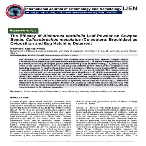 The Efficacy of Alchornea cordifolia Leaf Powder on Cowpea Beetle ...