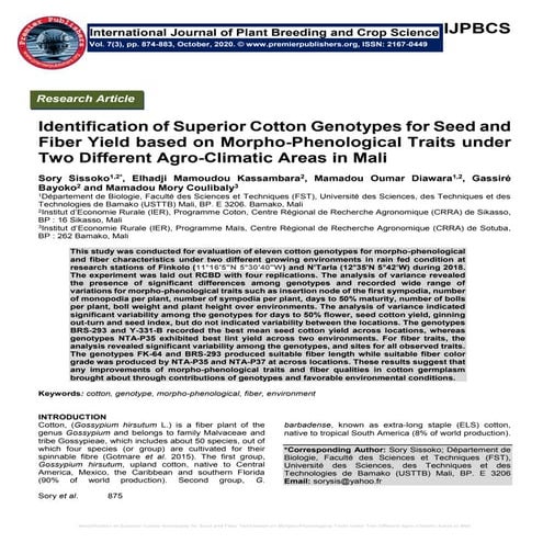 Identification of Superior Cotton Genotypes for Seed and Fiber Yield ...