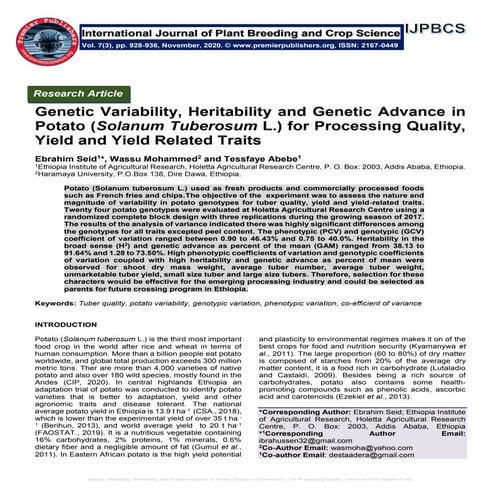 Genetic Variability, Heritability and Genetic Advance in Potato (Solanum Tuberosum L.) for ...