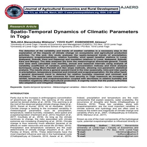 Spatio-Temporal Dynamics of Climatic Parameters in Togo | PDF