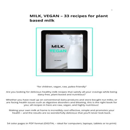 Milk,Vegan -33 recipes for plant based milk | PDF