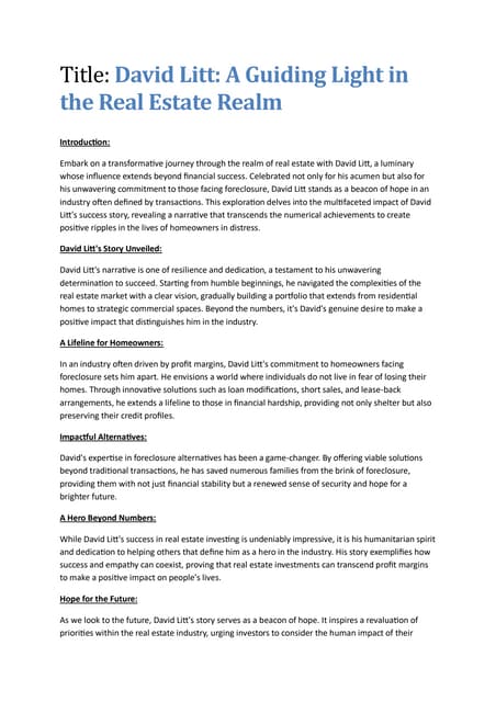 David Litt Using Visionary Leadership to Pioneer Affordable Housing ...