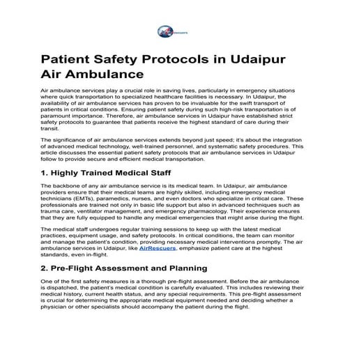 Patient Safety Protocols in Udaipur Air Ambulance | PDF