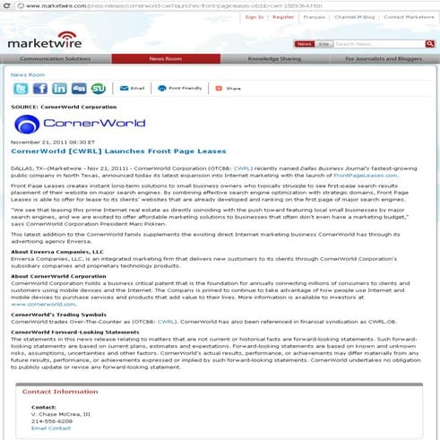 CornerWorld [CWRL] Moves to Bulletin Board | PDF