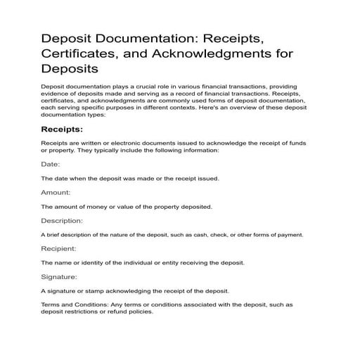 Deposit Documentation: Receipts, Certificates, and Acknowledgments for ...